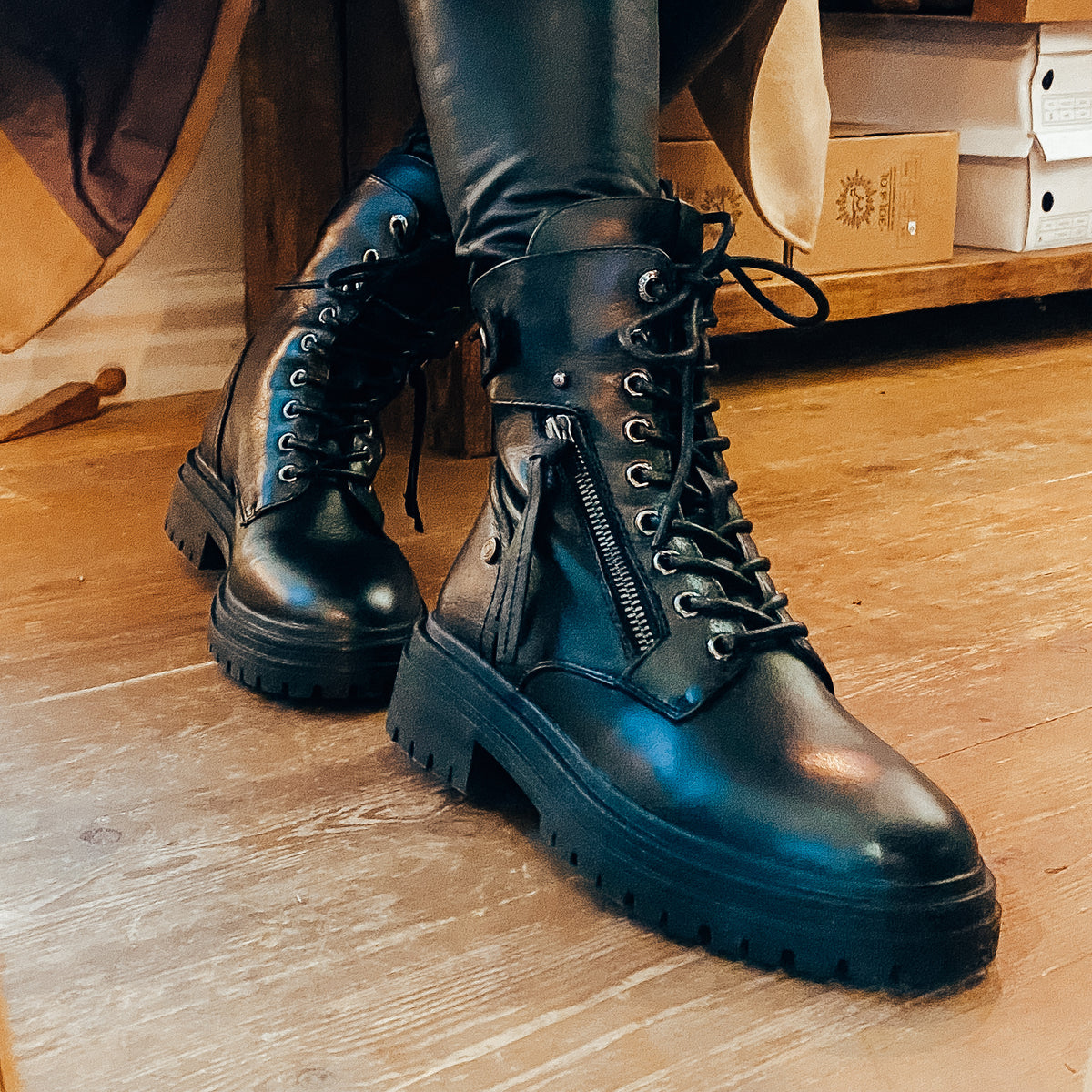 Carmela Chunky Women's Leather Military Boot Black – Fennec & Darwin